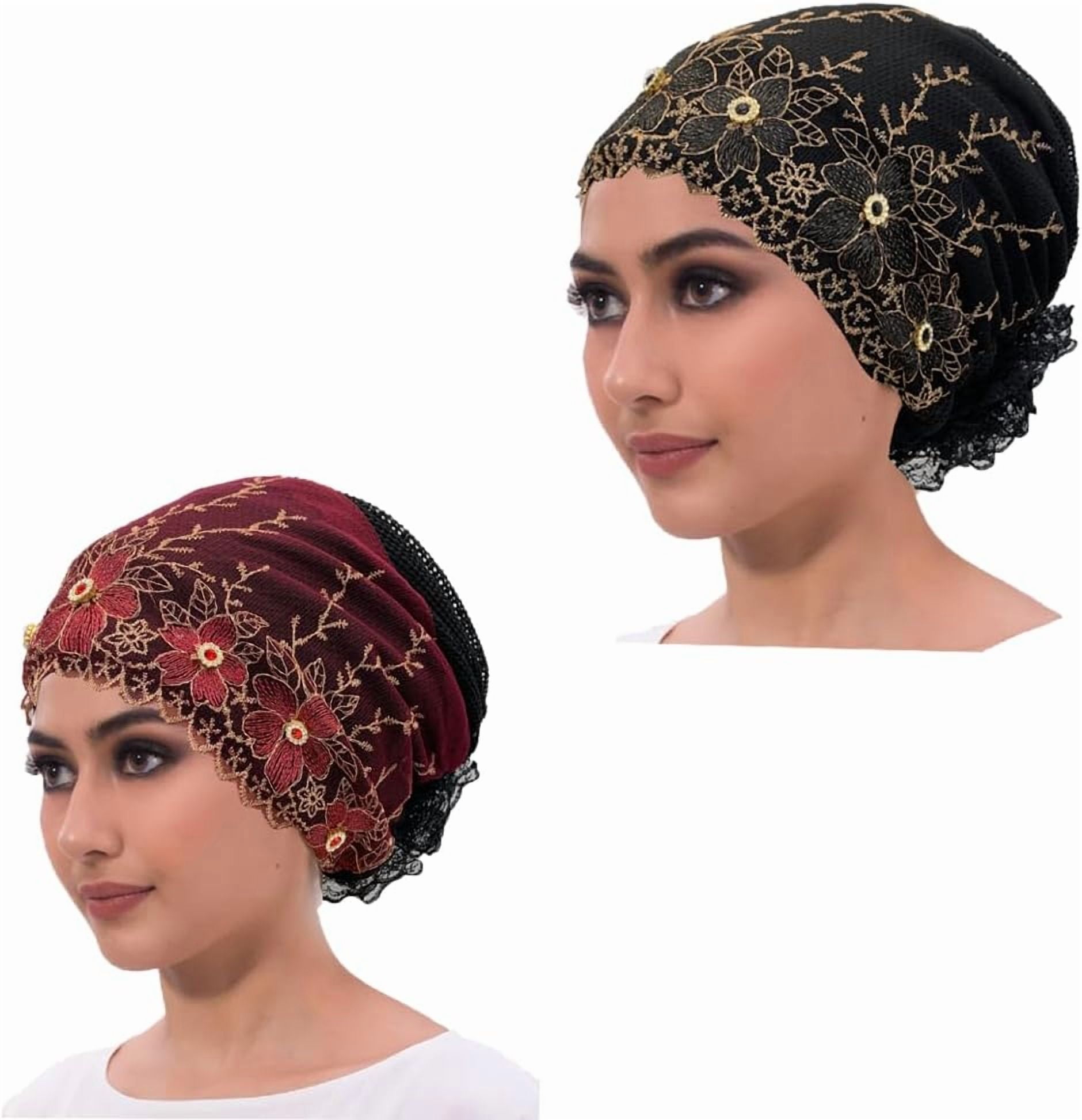 2Pcs Floral Embroidered Turban Cap for Women Muslim Lady Wrap Head ...