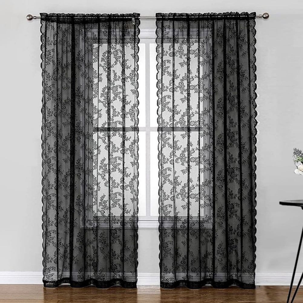 2Pcs Floral Lace Sheer Curtains, Rod Pocket Window Voile Sheer Drapes ...