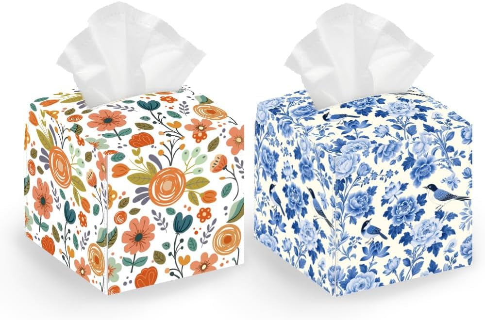 2Pcs Flower Branches Tissue Box Cover Blue Branches Birds Leather ...