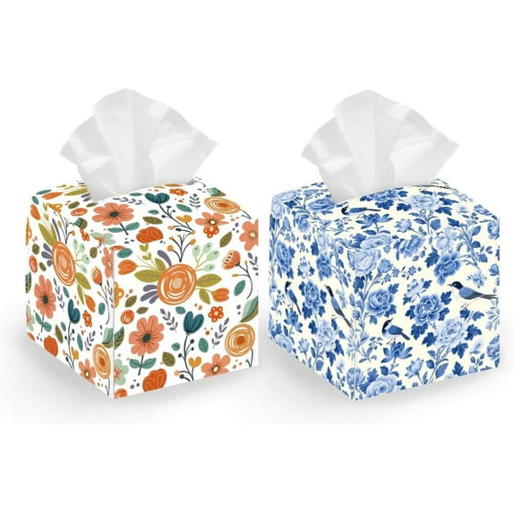 2Pcs Flower Branches Tissue Box Cover Blue Branches Birds Leather ...