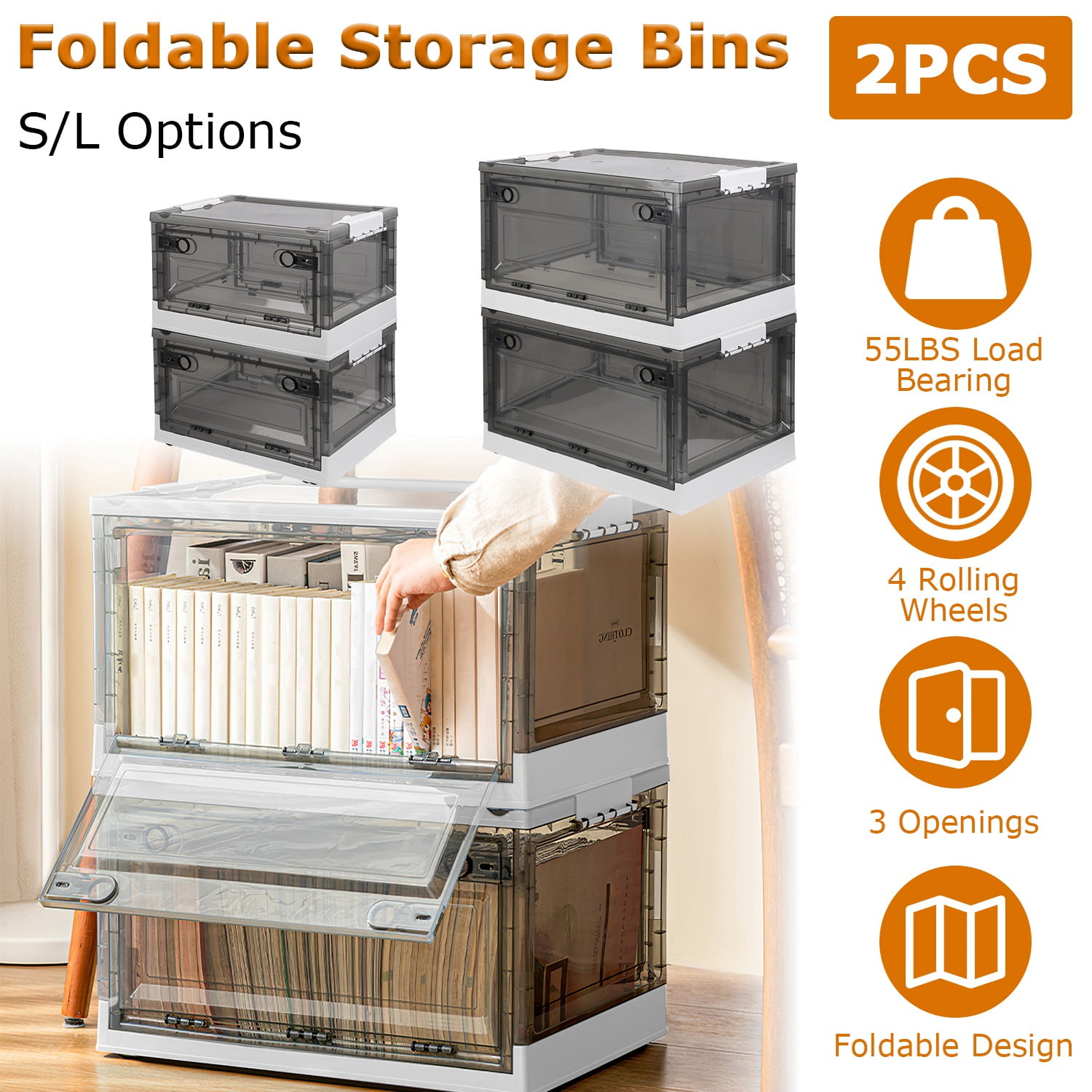 2Pcs Foldable Storage Bins w/ Double Doors Top Lid Rolling Wheels ...