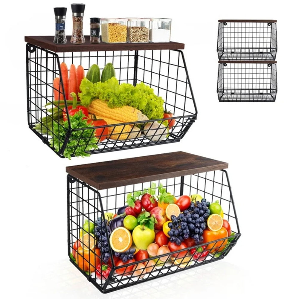 TEAFIRST 2 Pcs Storage Fruit Wire Basket , with Wood Lid, Stackable ...