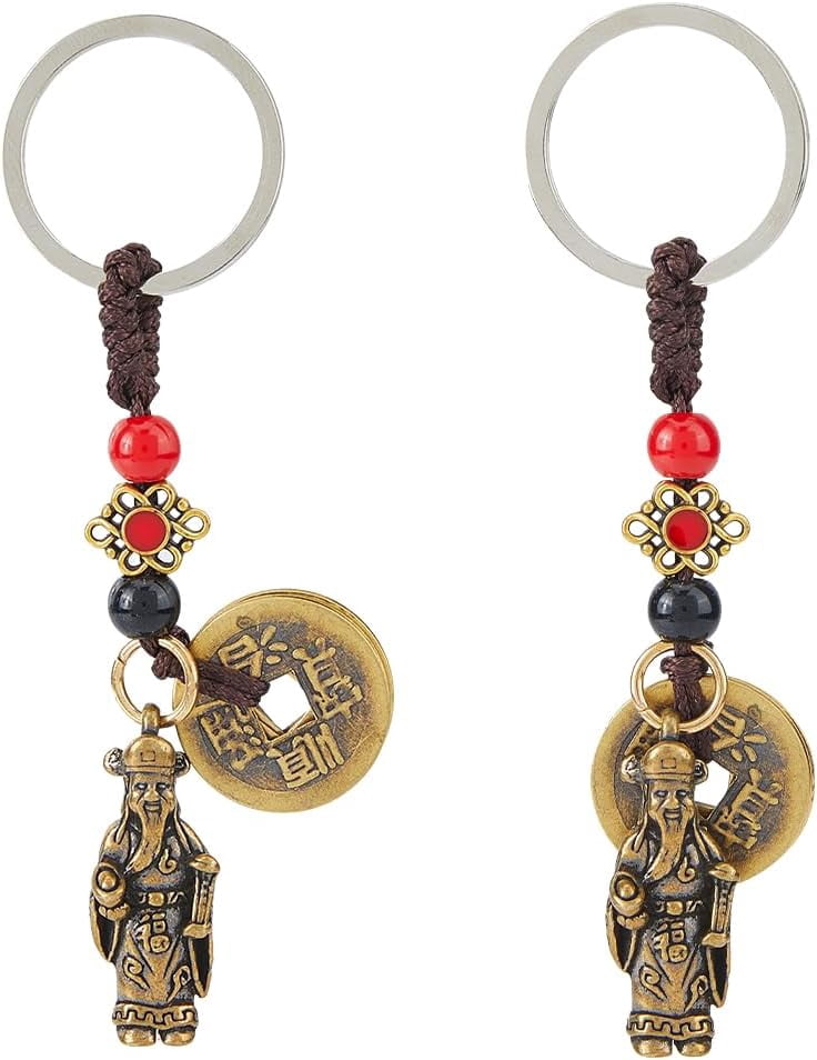 2Pcs The God of Wealth Statue Keychain Fortune Pendant Keychains Coins ...