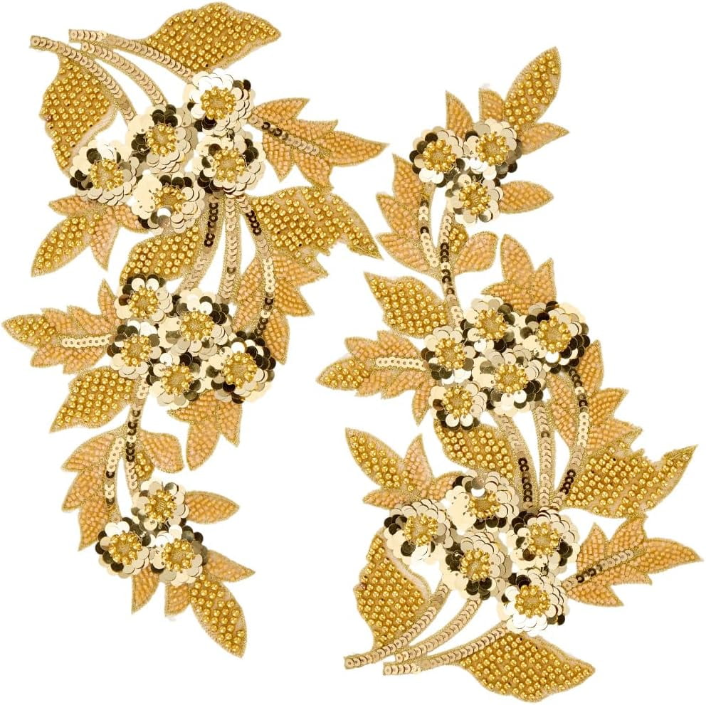 2Pcs Gold Floral Embroidery Sequins Bead Applique Beaded Flower ...
