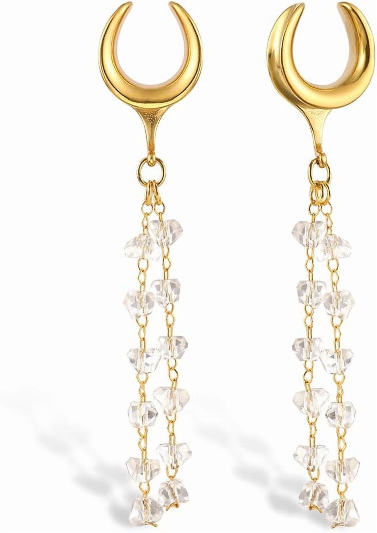2Pcs Gold Saddle Plugs with Charm Crystals Chain Dangle Gauges Piercing ...