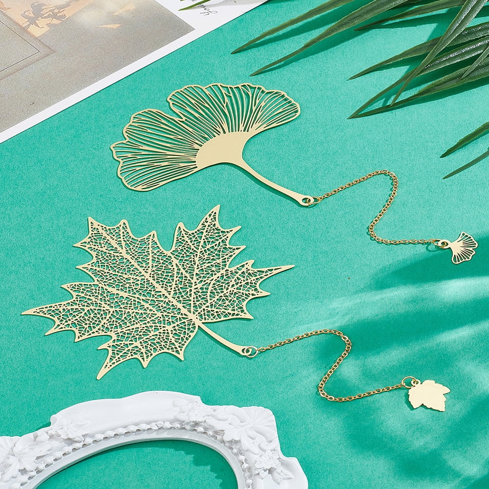 2Pcs Golden Brass Bookmarks with Chain Maple Leaf/Ginkgo Leaf Metal ...