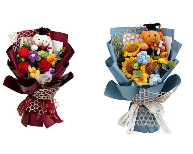 2Pcs Graduation Bouquet with Plush Bear – Elegant Woven Floral Gift Set ...