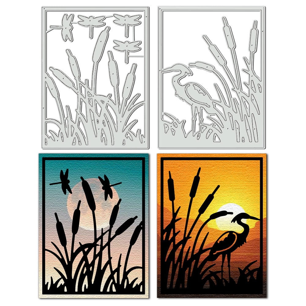 2Pcs Grass Frame Cutting Dies Dusk Egret Moon Dragonflies Dies Cut ...