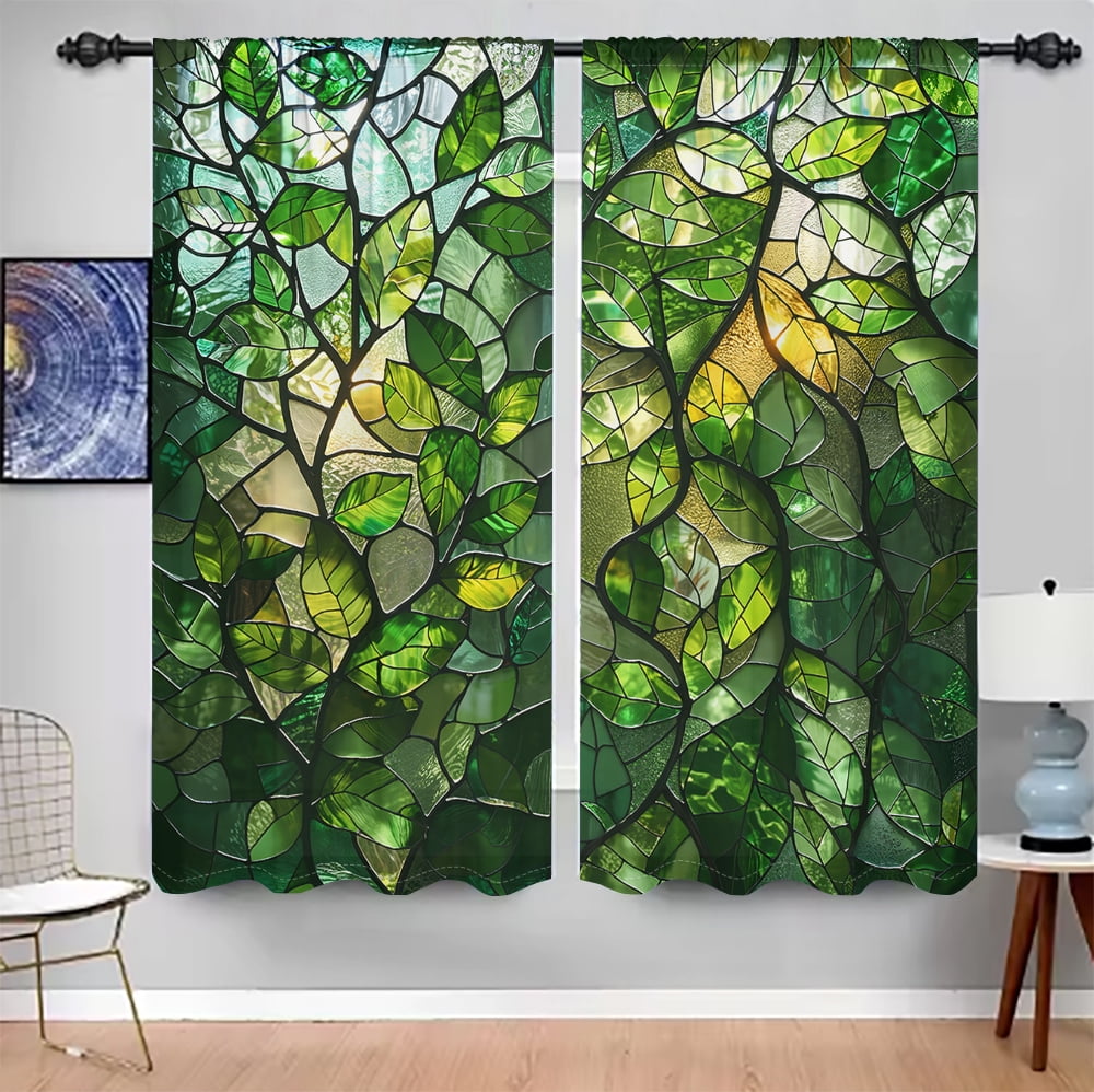 2Pcs Green Leaf Curtains Stained Glass Art Pattern Living Room Bedroom ...