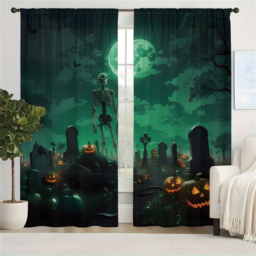 2Pcs Halloween Graveyard Curtains Green Horror Night Scene Pattern ...