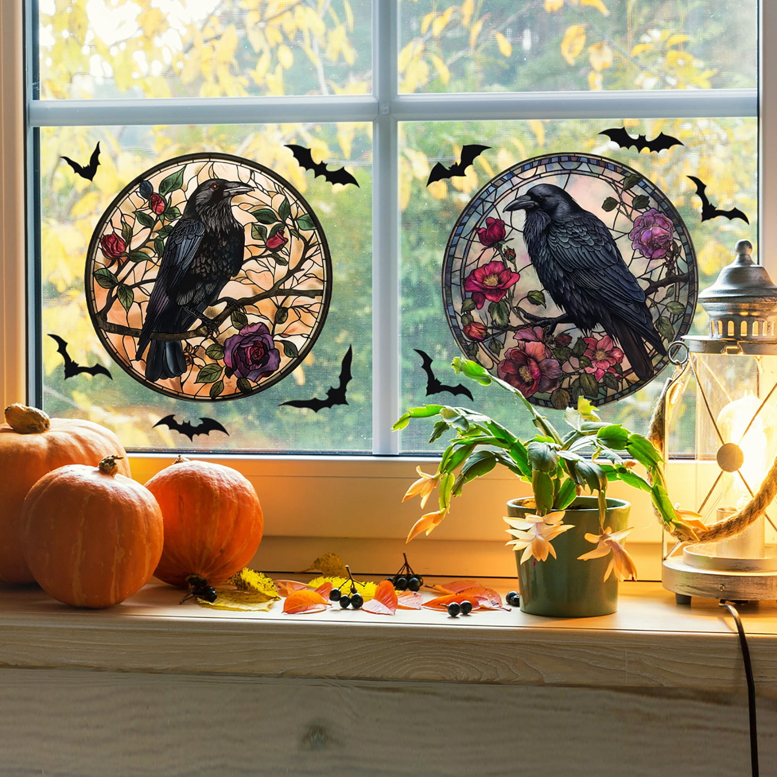 2Pcs Halloween Window Sticker Crow Flowers Bat Static Window Clings for ...