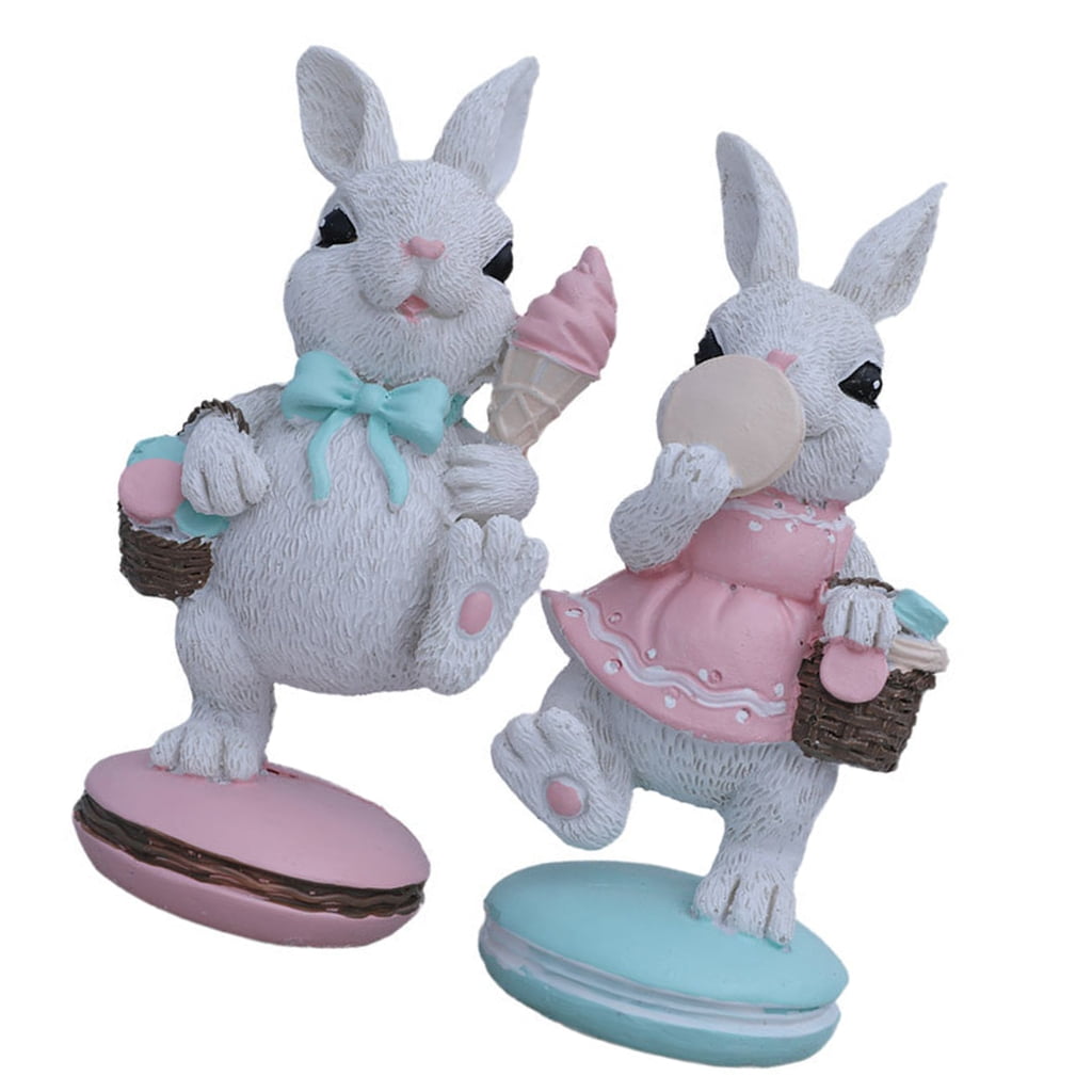 2Pcs Hand Painted Resin Easter Bunnies Statue Spring Desktop Ornament ...