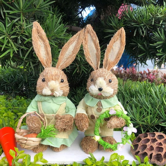 2Pcs Hand-Woven Straw Bunny Statue – Spring/Easter Tabletop & Shelf ...