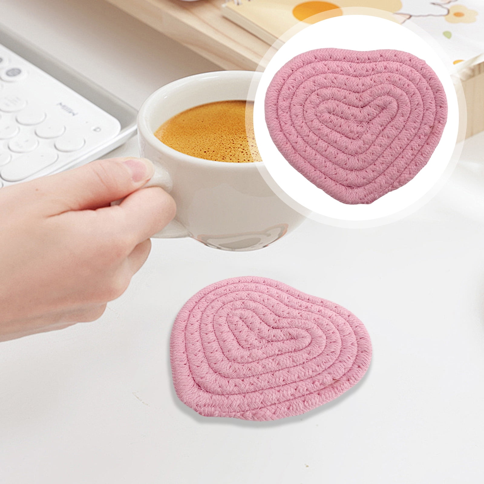 2Pcs Heart Coasters, Handmade Braided Cotton Cute Coasters with Holder ...