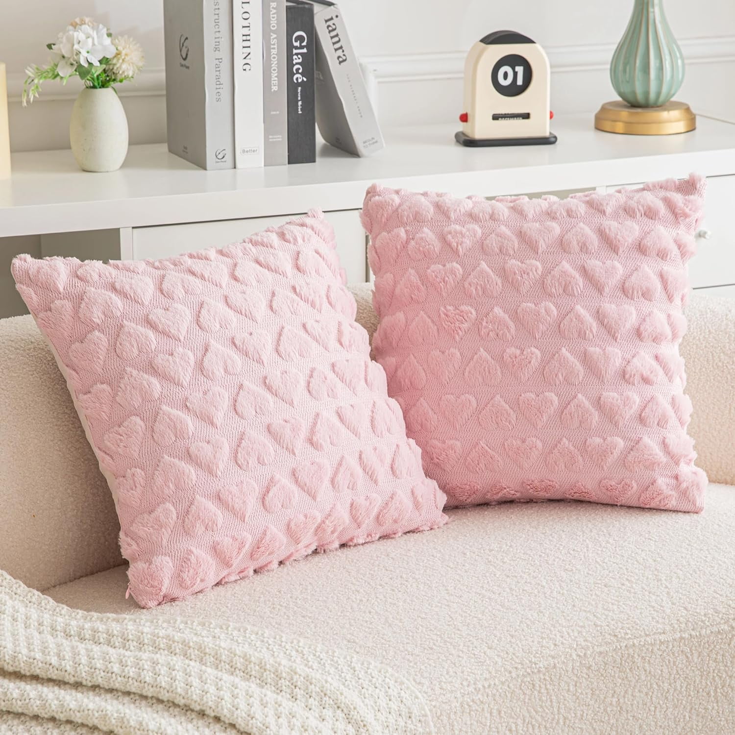 2Pcs Heart Love Pink Decorative Throw Pillow Covers 18x18,Faux Fur Wool ...