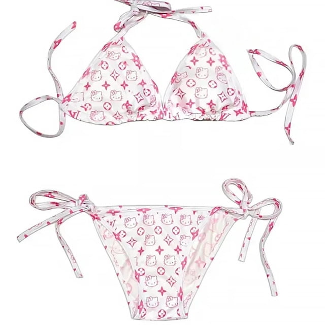 2pcs Hello Kitty Bikini Set Cute Cartoon Y2k Anime Summer Beach Strappy