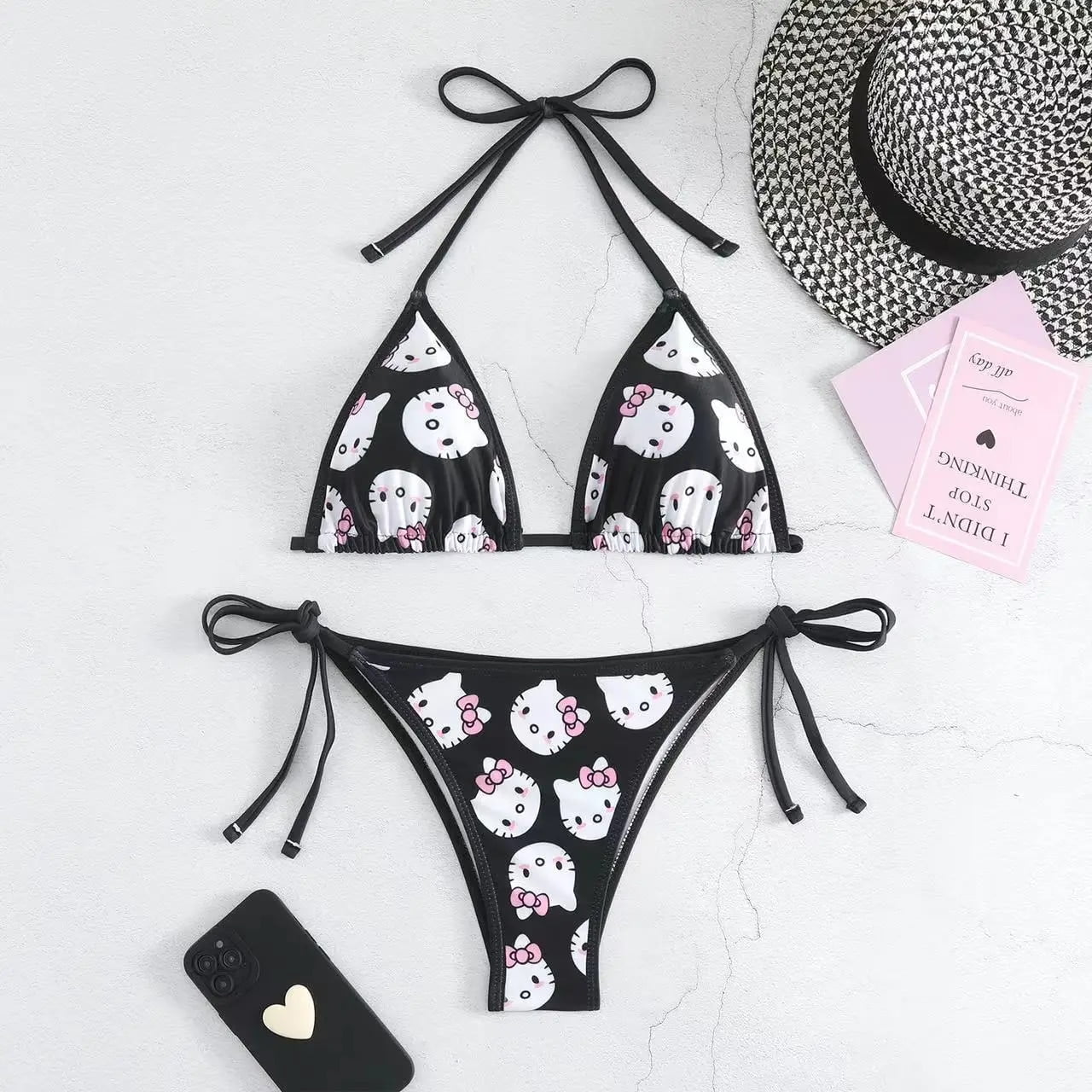 2pcs Hello Kitty Bikini Set Cute Cartoon Y2k Anime Summer Beach Strappy