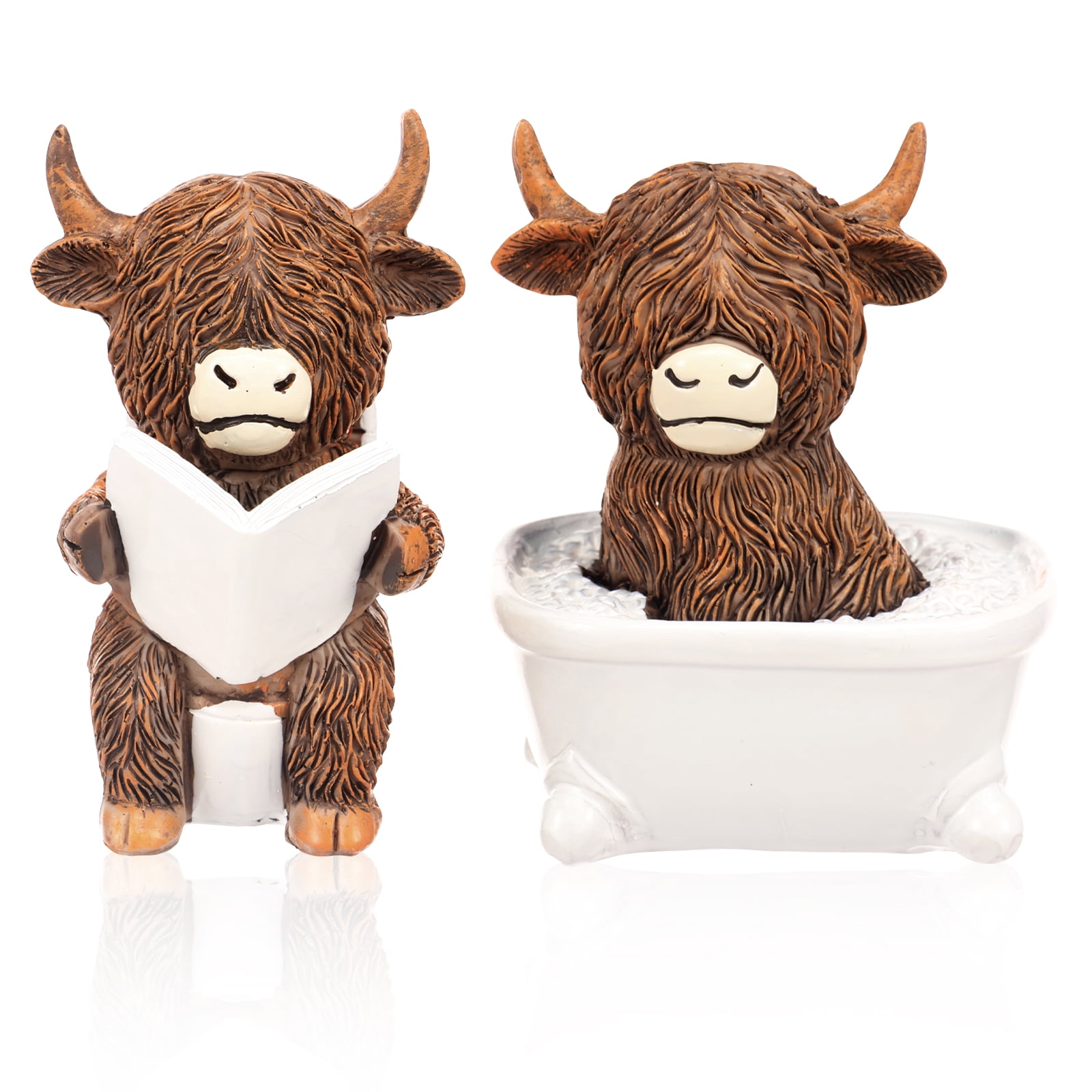 2Pcs Highland Cow Loo Funny Scottish Cattle Resin Statue Calf Sitting ...