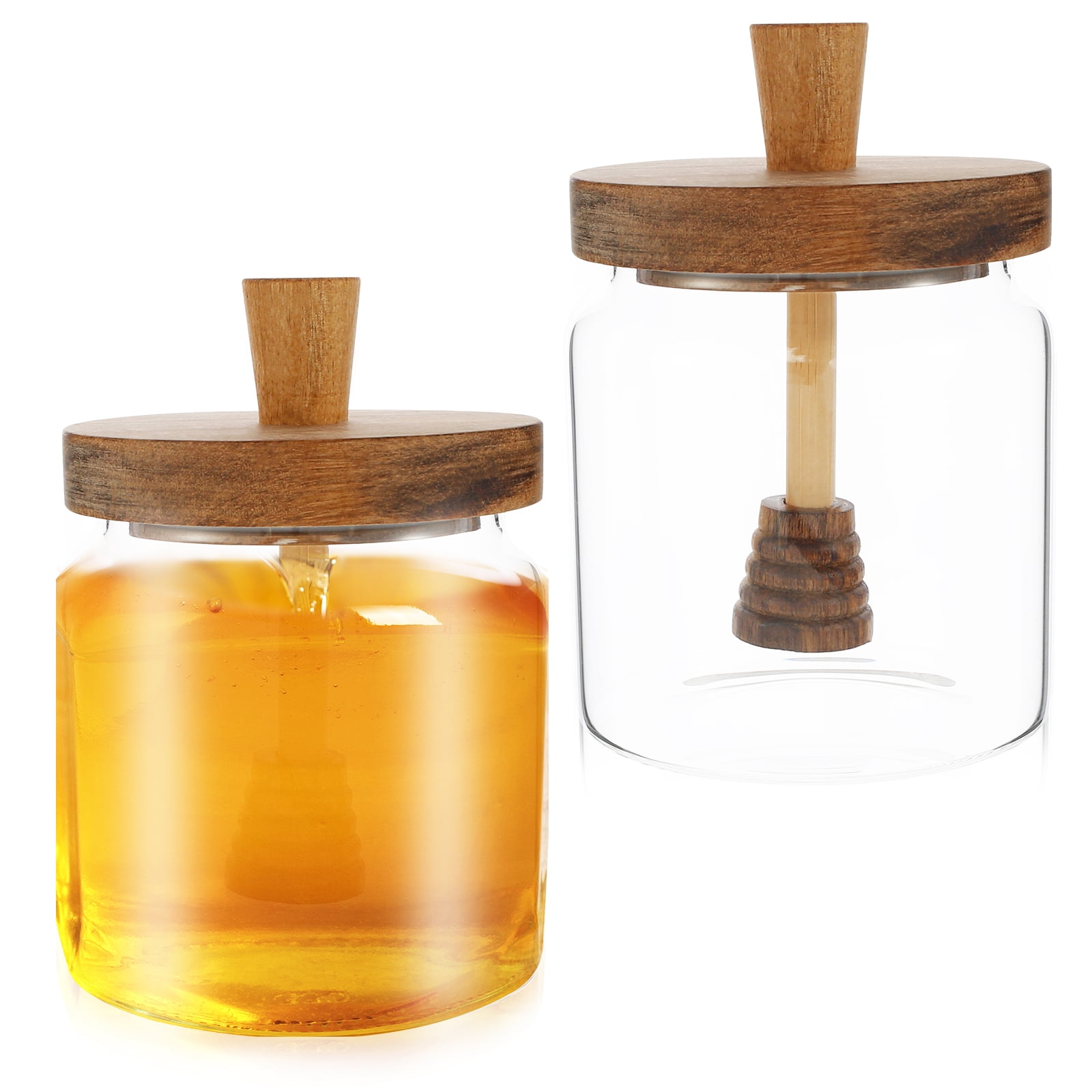 2Pcs Honey Jar with Dipper Stick 500ml Honey Dispenser with Wood Lid ...