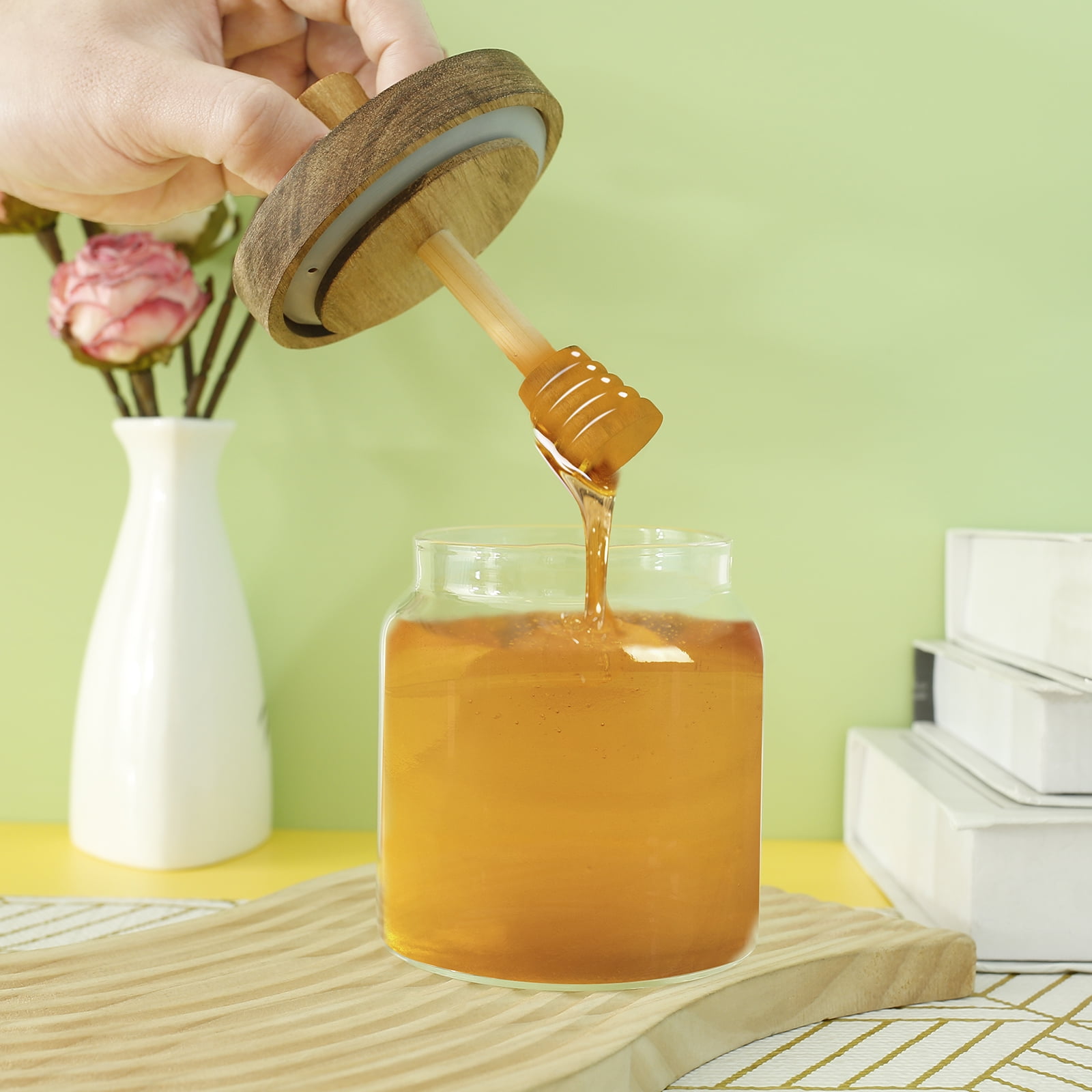 2Pcs Honey Jar with Dipper Stick 500ml Honey Pot with Wood Lid Clear ...