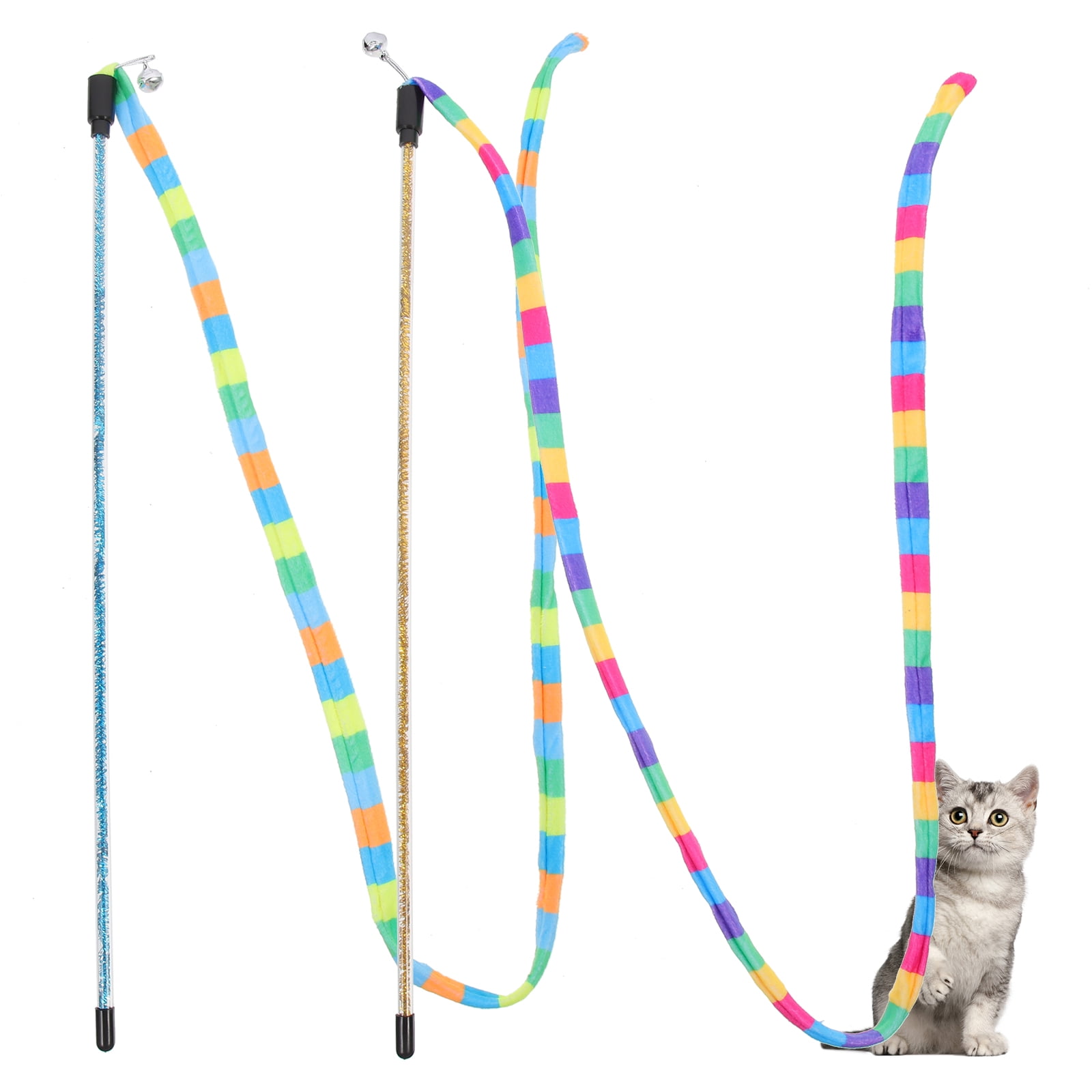 PINXOR 2Pcs Indoor Cat Teasing Wand Cat String Stick Rainbow Color ...