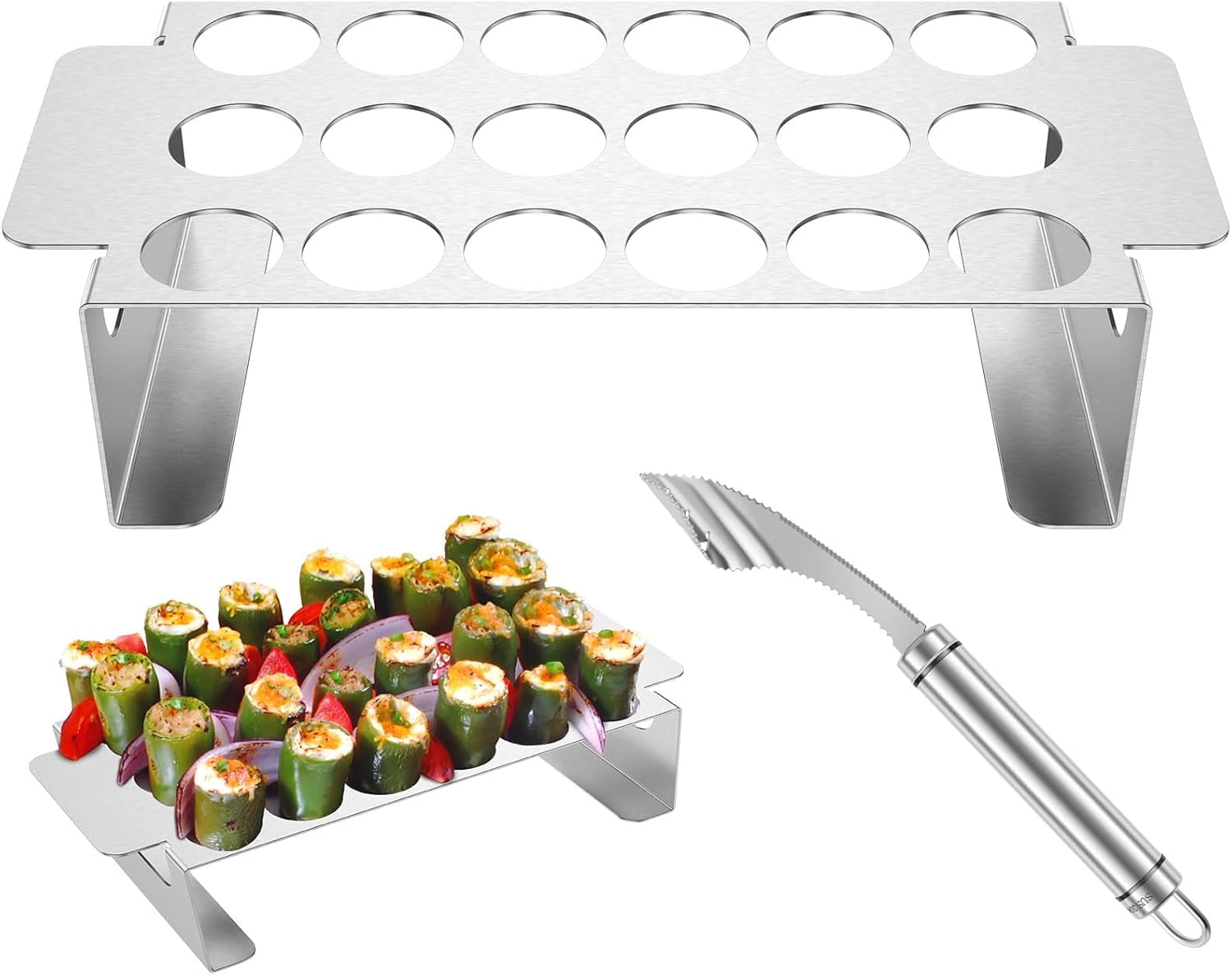 2Pcs Jalapeno Poppers Rack for Grill with Pepper Corer Tool, 18 Holes ...
