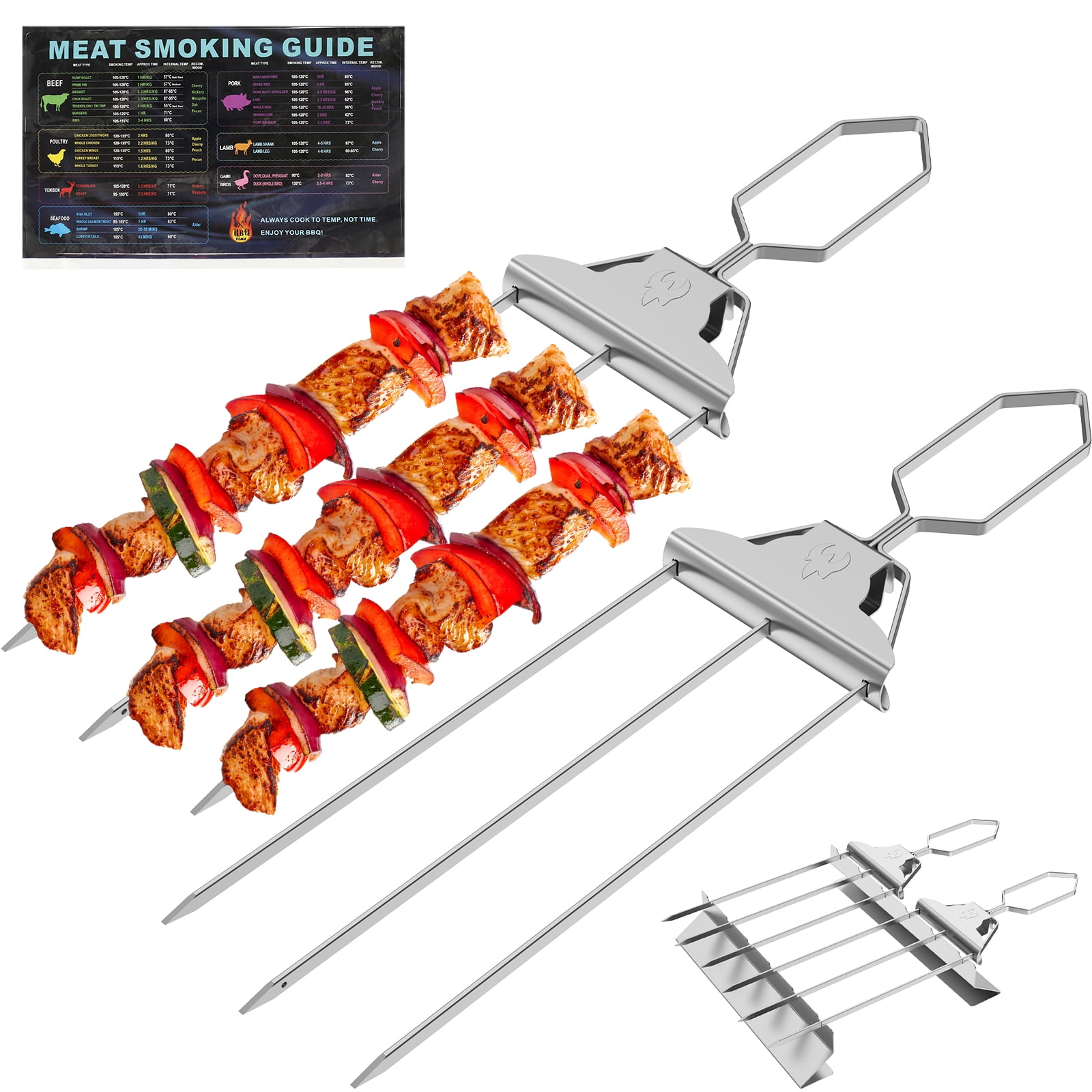 2Pcs Kabob Skewers Set with Oil Brush Barbecue Chart and Small Holder Stainless Steel 3 Way ...
