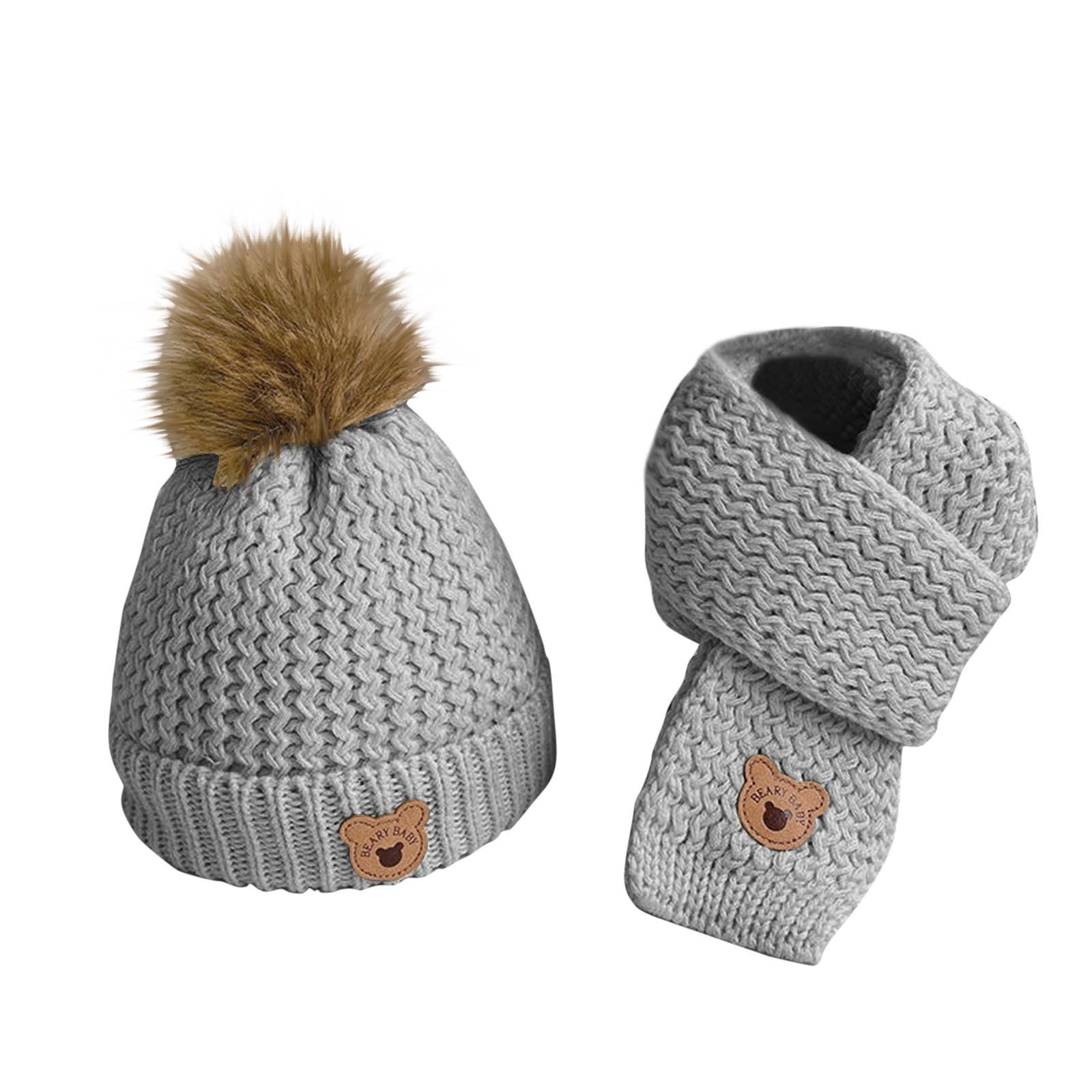 2Pcs Kids Hat and Scarf Set, Cute Bear Winter Knit Warm Soft Pom-Pom ...