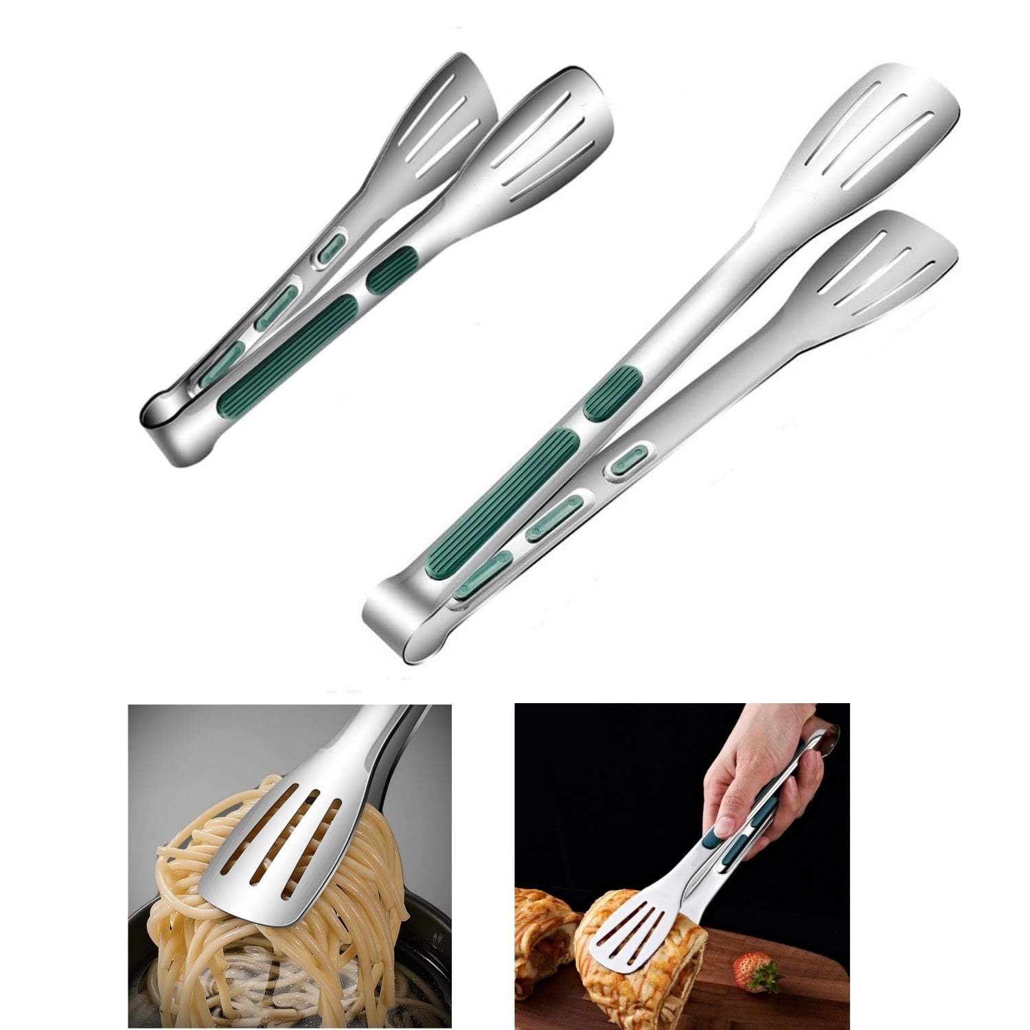 2Pcs Kitchen Tongs,Cooking Heat Resistant Tongs,Green Stainless Steel ...
