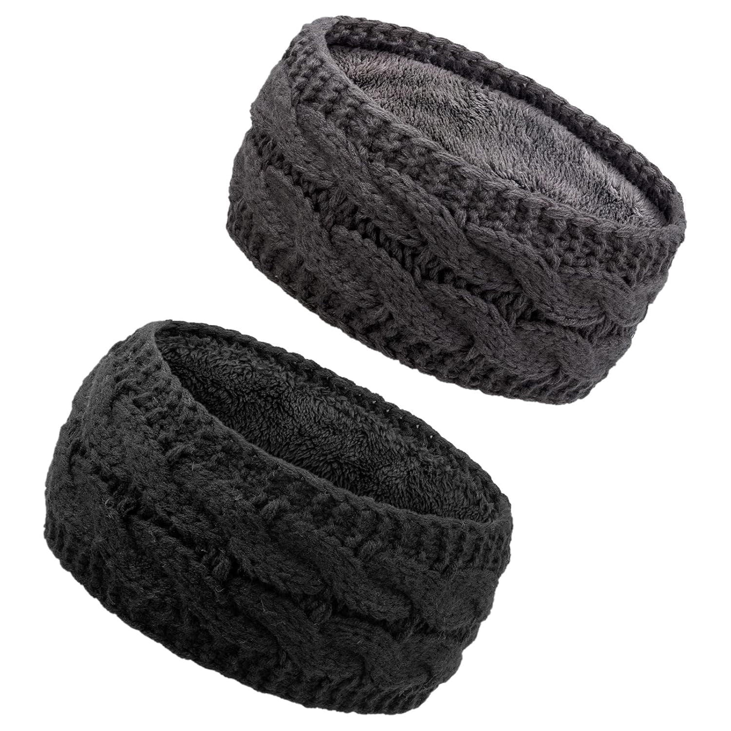 2Pcs Knit Ear Warmer Headband for Women Fuzzy Wool Fleece Lined Head ...