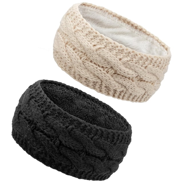 2Pcs Knit Ear Warmer Headband for Women Fuzzy Wool Fleece Lined Head ...