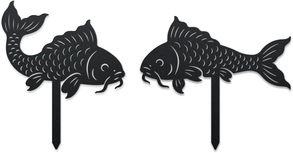2Pcs Koi Fish Metal Decorative Garden Stakes Black Fish Silhouette ...