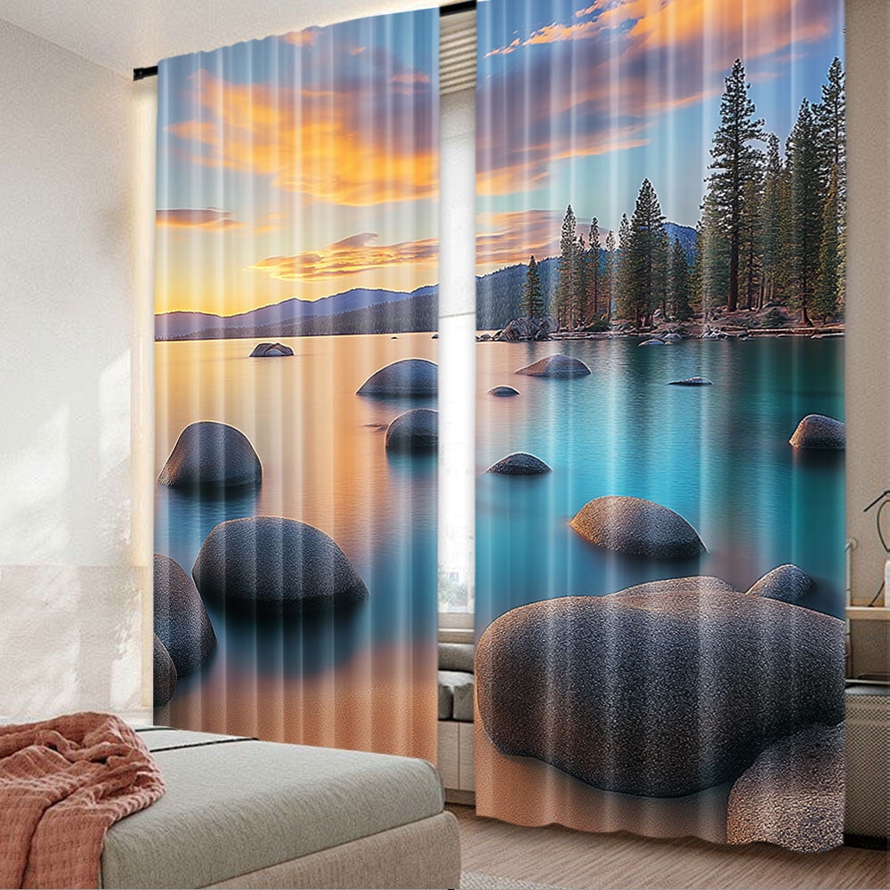2Pcs Lake Curtain Horizon On Std Sea Sun Beams And Reflection Romantic ...