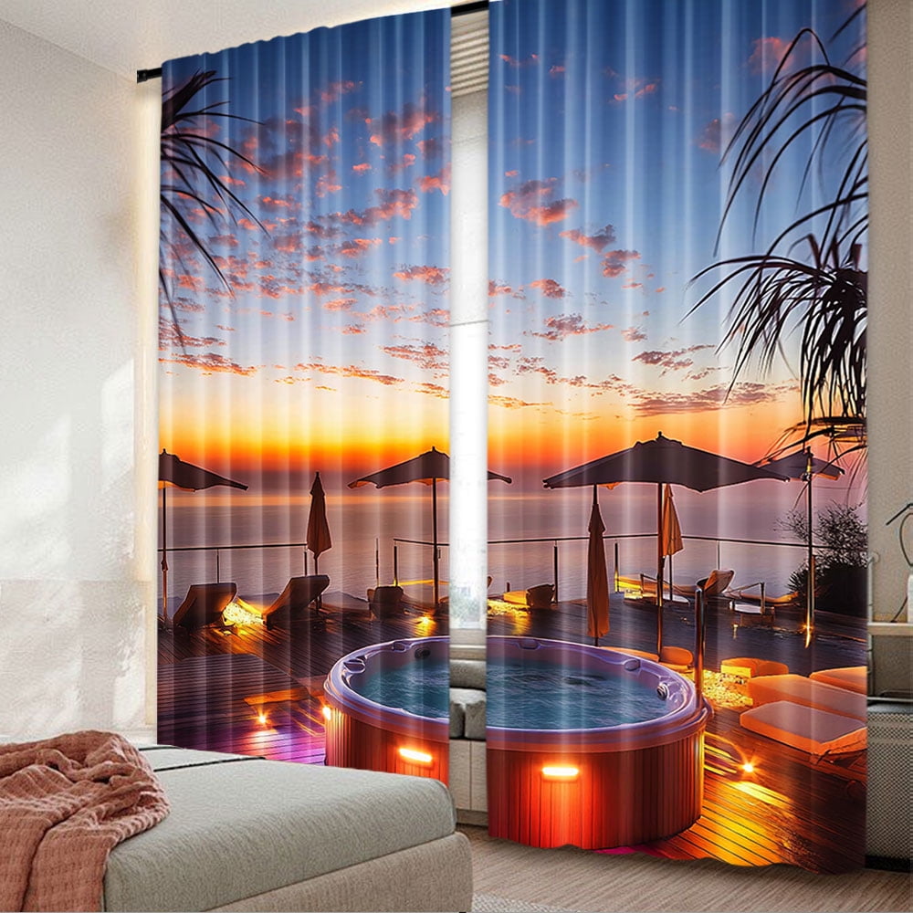 2Pcs Landscape Curtain Time Resort Sea At Evening Caribbean Warm ...