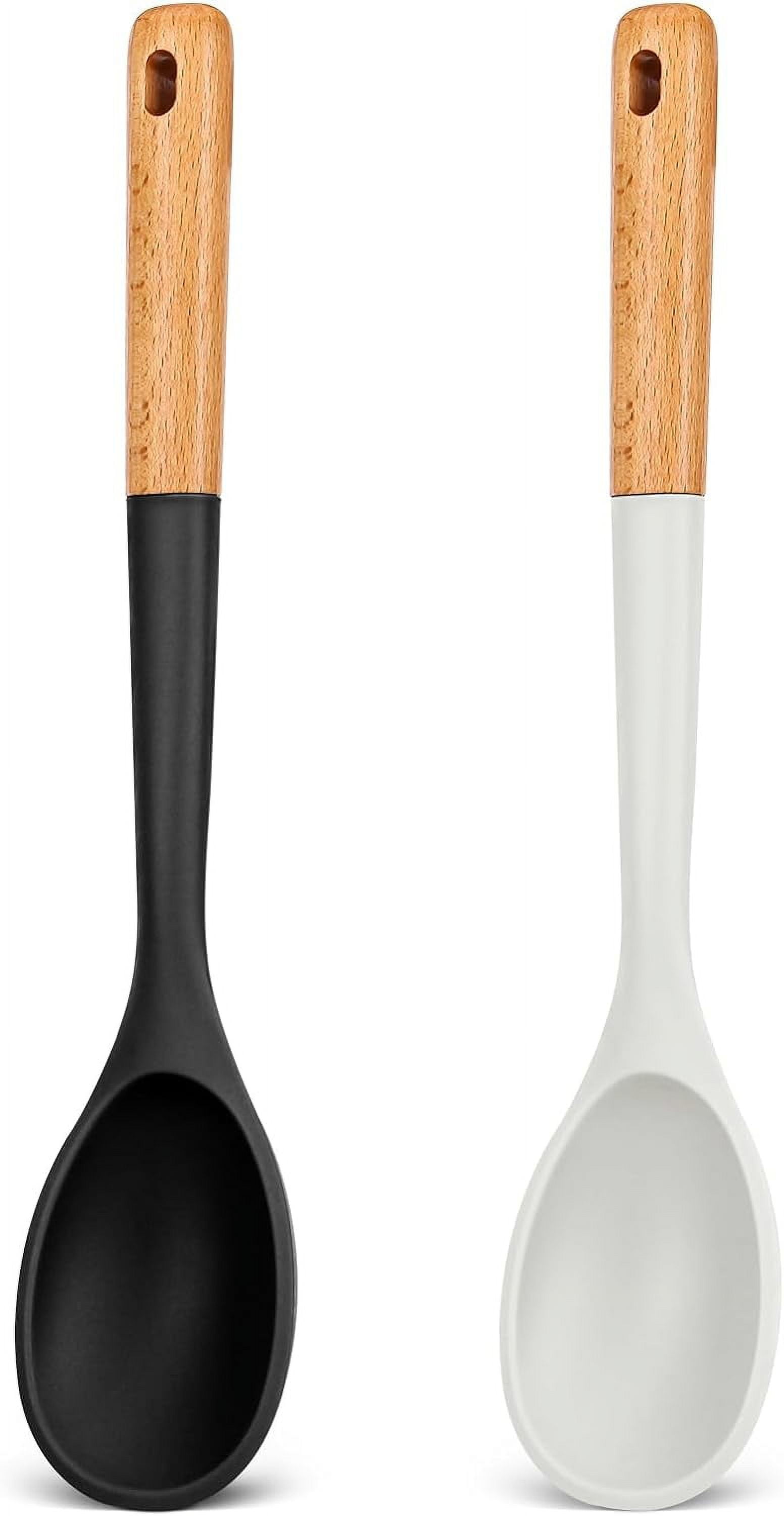2Pcs Large Silicone Cooking Spoons, Nonstick Solid Wooden Handle Spoon ...
