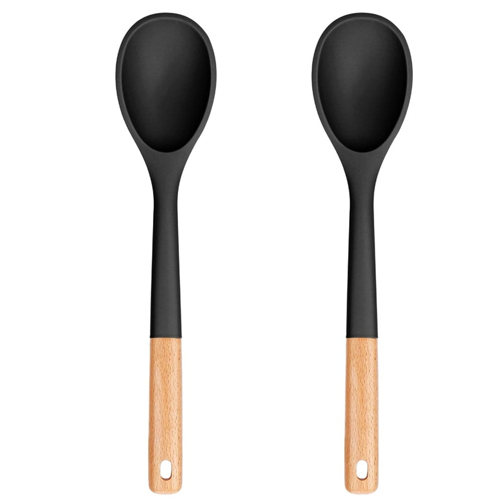 2Pcs Large Silicone Cooking Spoons, Nonstick Solid Wooden Handle Spoon ...