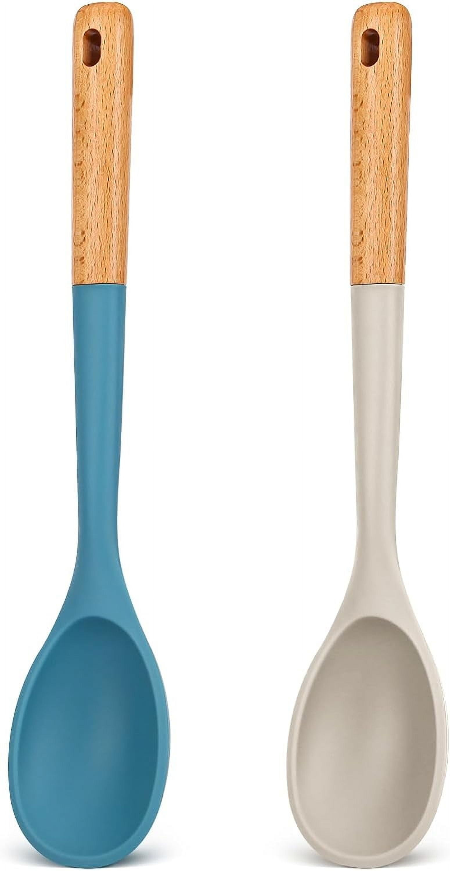 2Pcs Large Silicone Cooking Spoons, Nonstick Solid Wooden Handle Spoon ...