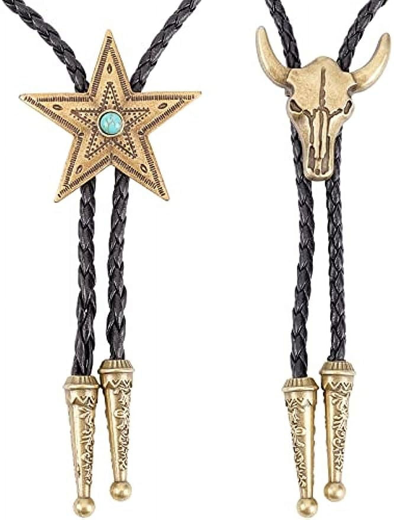 2Pcs Leather Bolo Tie Necktie Horse Cow Skull Texas Ranger Star Chain ...