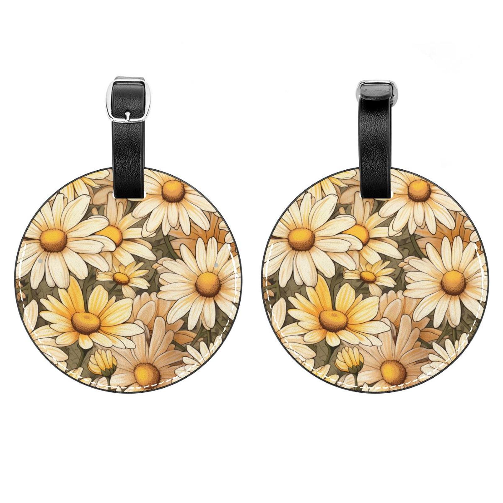 2Pcs Leather Round Daisy Cruise Luggage Tag with Privacy Cover and Name ...