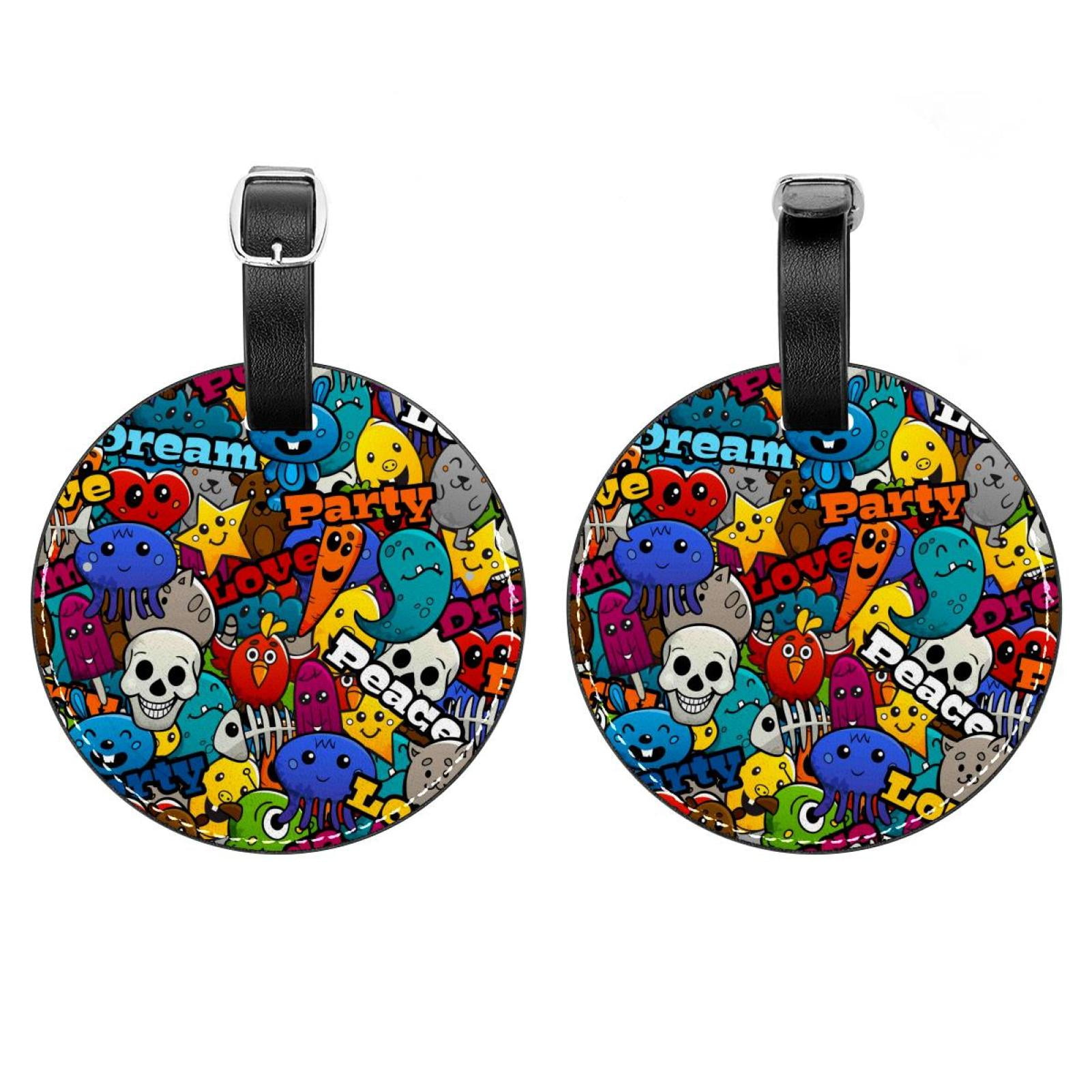 2Pcs Leather Round Graffiti Cruise Luggage Tag with Privacy Cover and ...