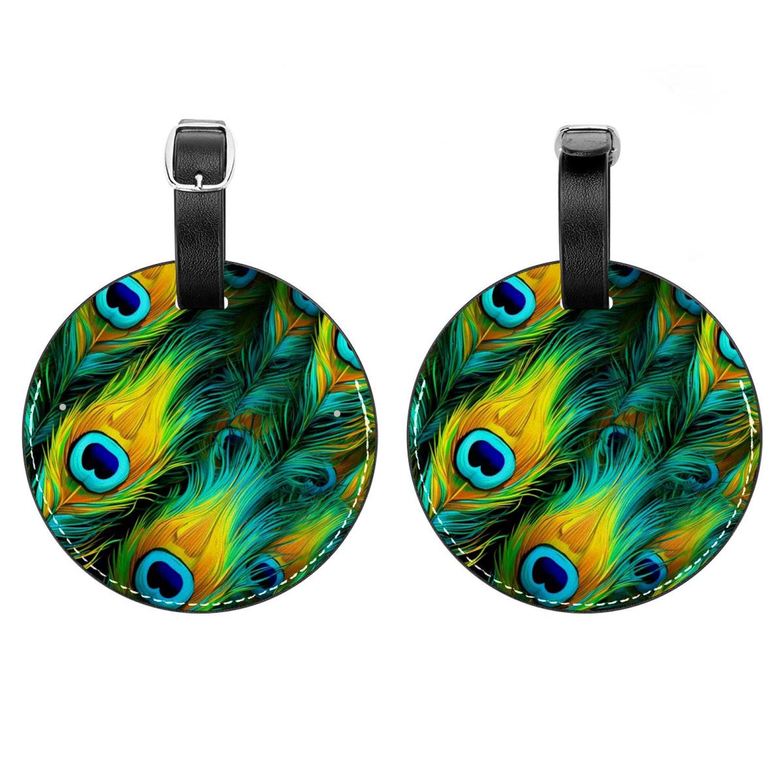 2Pcs Leather Round Peacock Feather Cruise Luggage Tag with Privacy ...