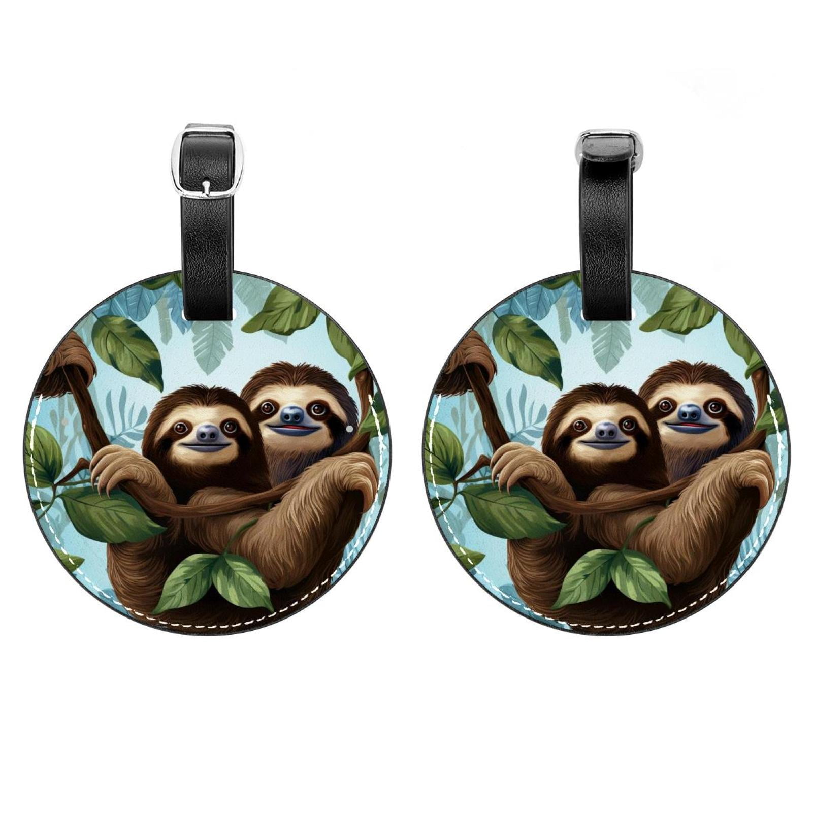 2Pcs Leather Round Sloth Cruise Luggage Tag with Privacy Cover and Name ...