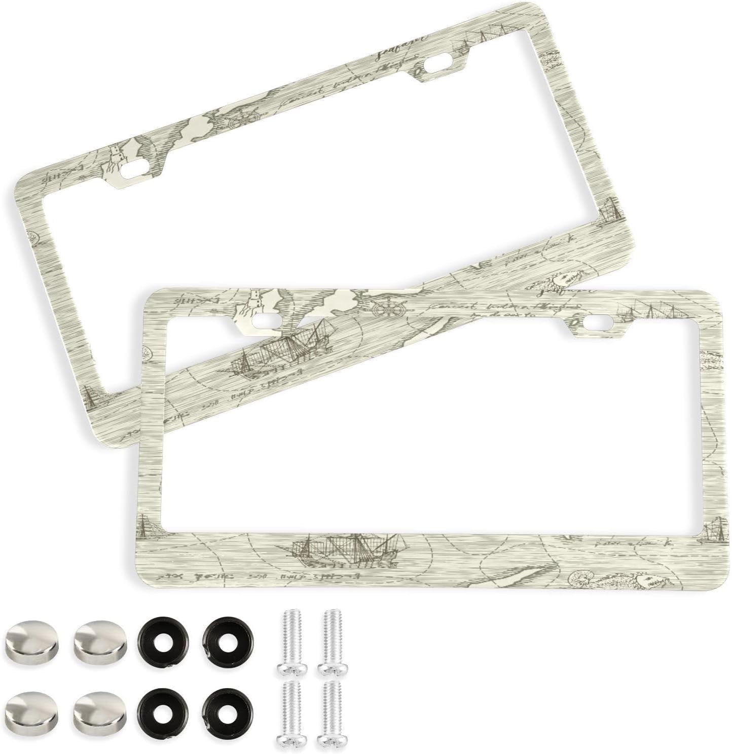 2Pcs License Plate Frames Old Nautical Map Universal Aluminum License ...