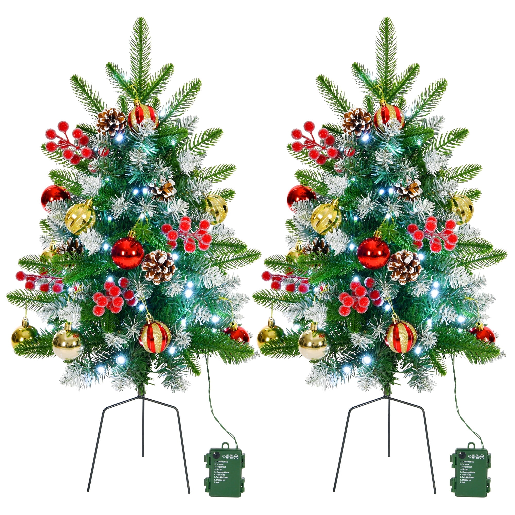 2Pcs Light Up Christmas Trees 30 inch Prelit Outdoor Small Christmas Trees 120 LED Warm Light ...