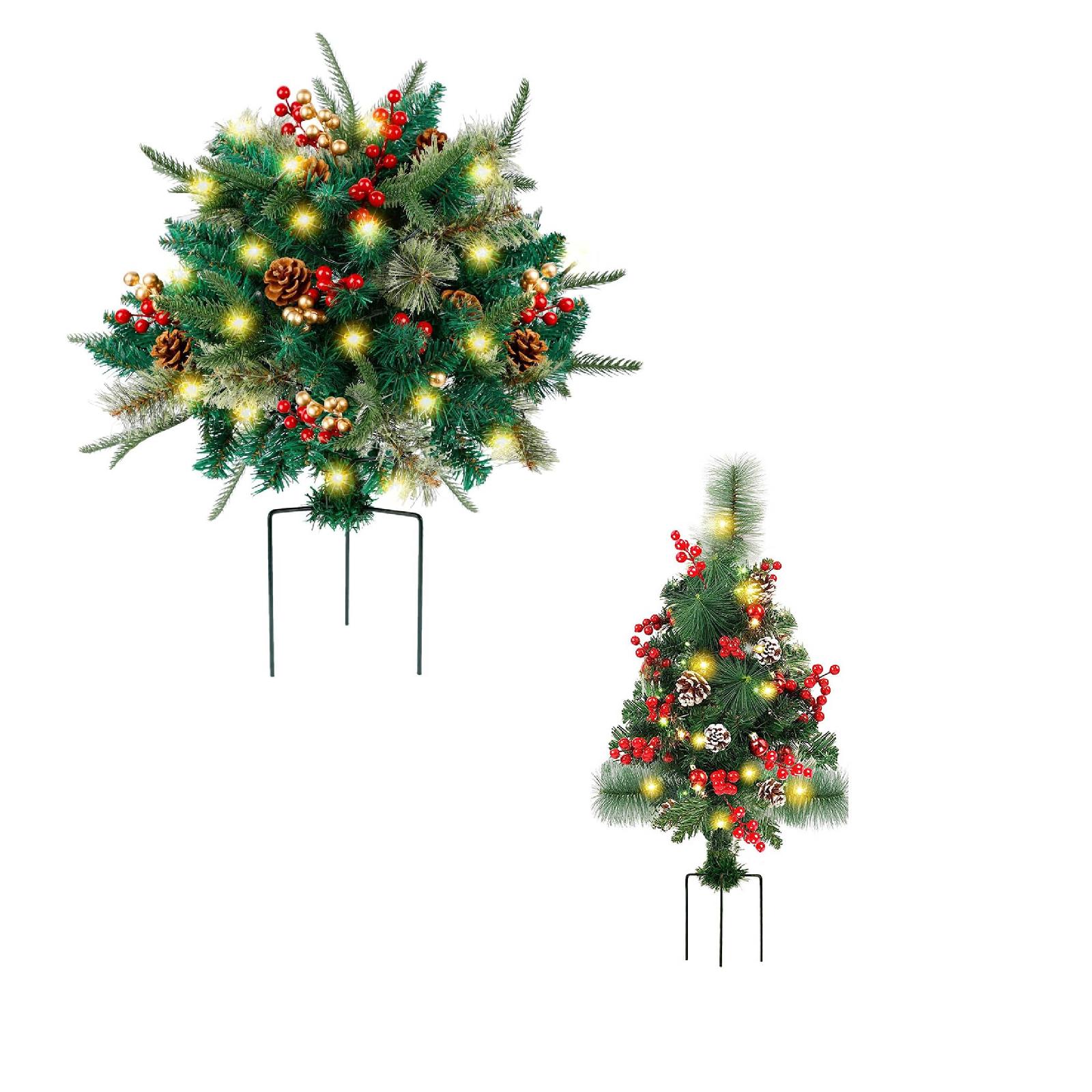 2Pcs Lighted Christmas Filler Lit Xmas Trees With Golden & Red Berries ...