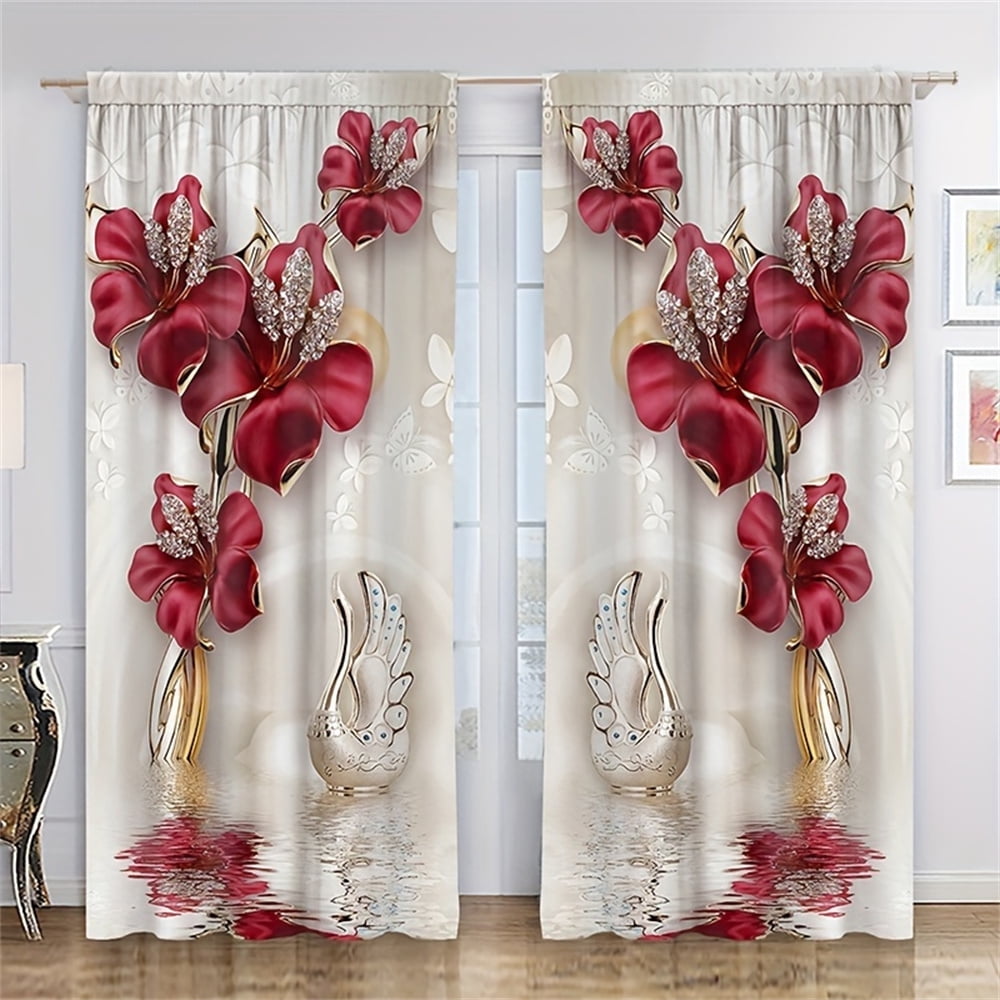 2Pcs Luxury Pearl Gold Flower Rose Window Treatment Curtains Blinds For ...