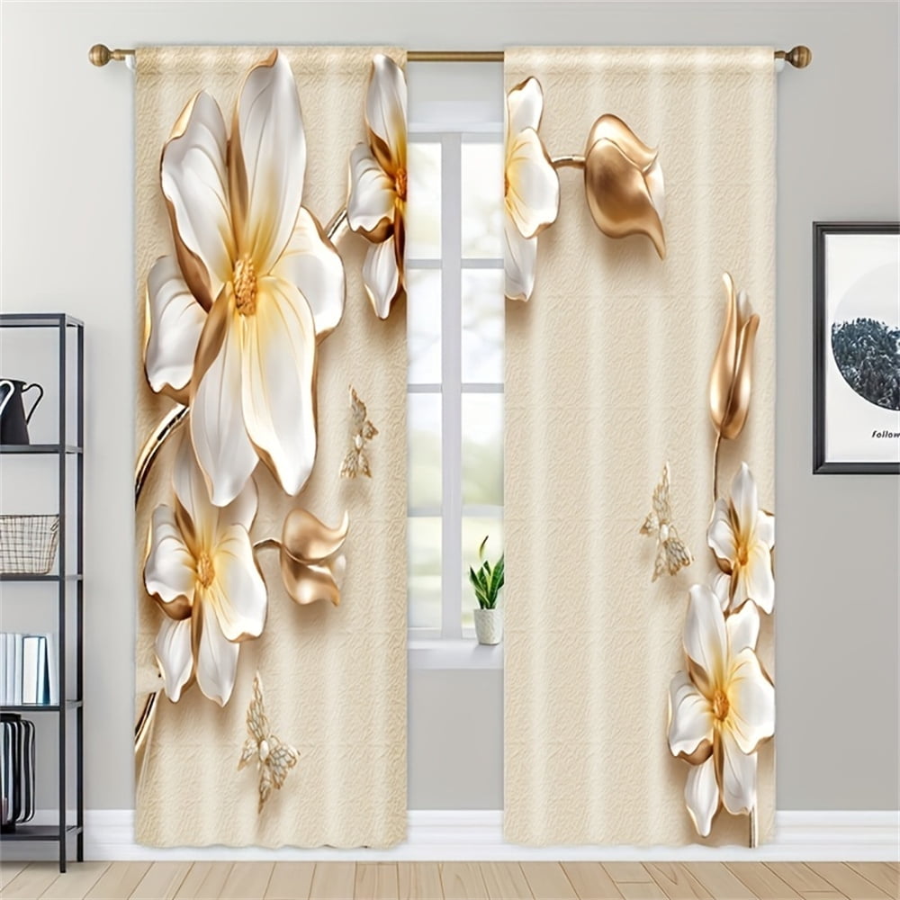 2Pcs Luxury Pearl Gold Flower Rose Window Treatment Curtains Blinds For Living Room Kids Bedroom ...