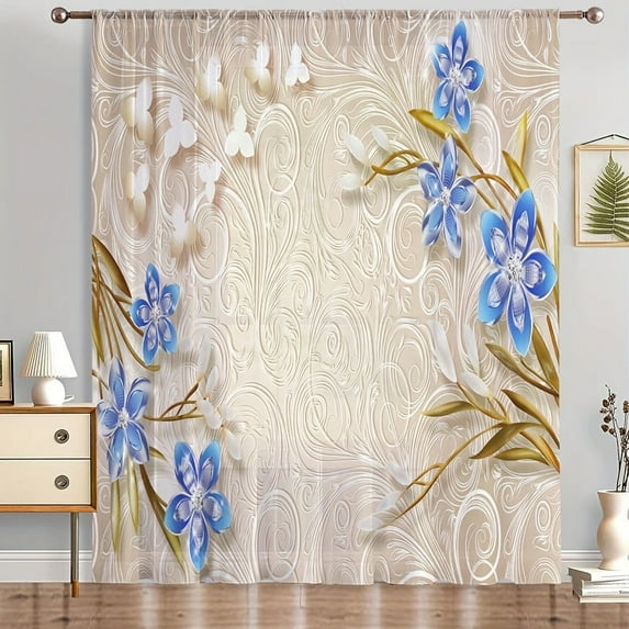 2Pcs Luxury Pink Floral Flower Rose Butterfly Girl Window Treatment Curtains Blinds For Living ...