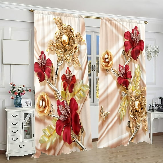 2Pcs Luxury Red Flower Rose Swan Window Treatment Curtains Blinds For ...
