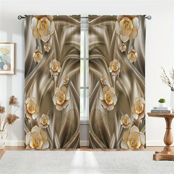 2Pcs Luxury Red Flower Rose Swan Window Treatment Curtains Blinds For ...